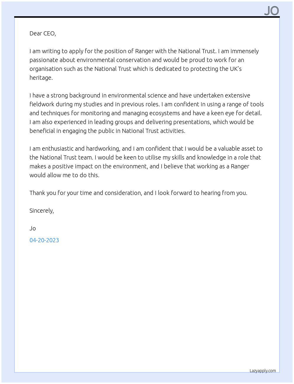 Cover letter for ranger - LazyApply