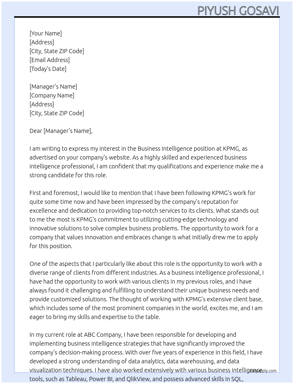 Cover letter for business intelligence - LazyApply