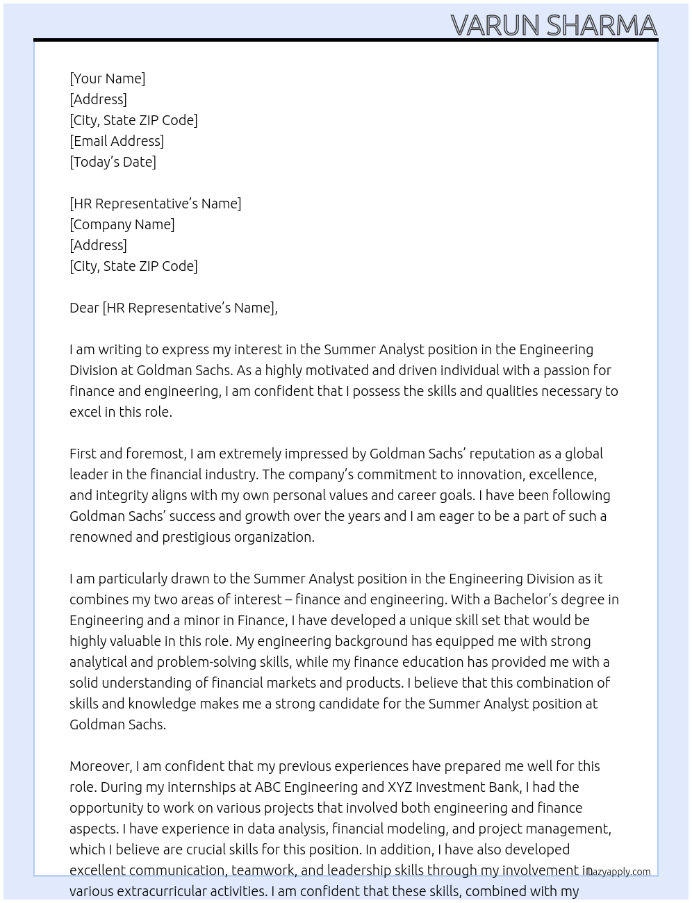 Cover letter for summer analyst - engineering division - LazyApply