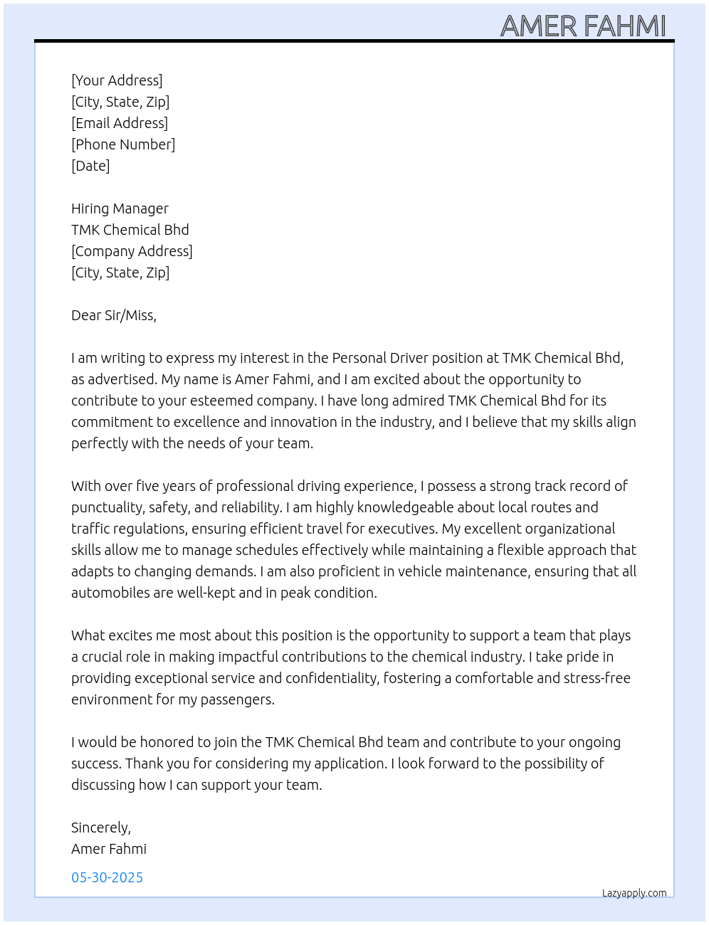 Cover letter for personal driver - LazyApply