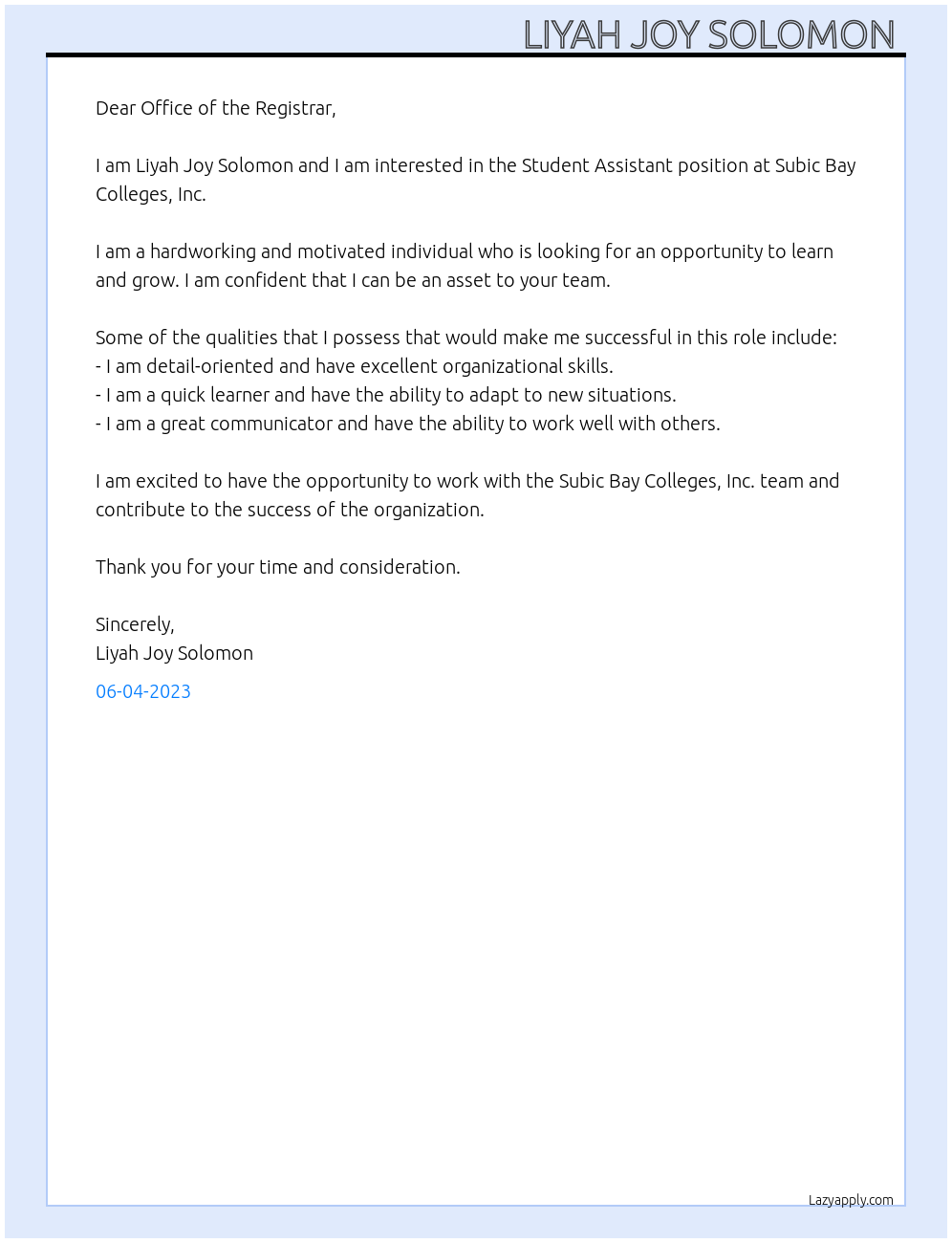 Cover letter for student assistant - LazyApply
