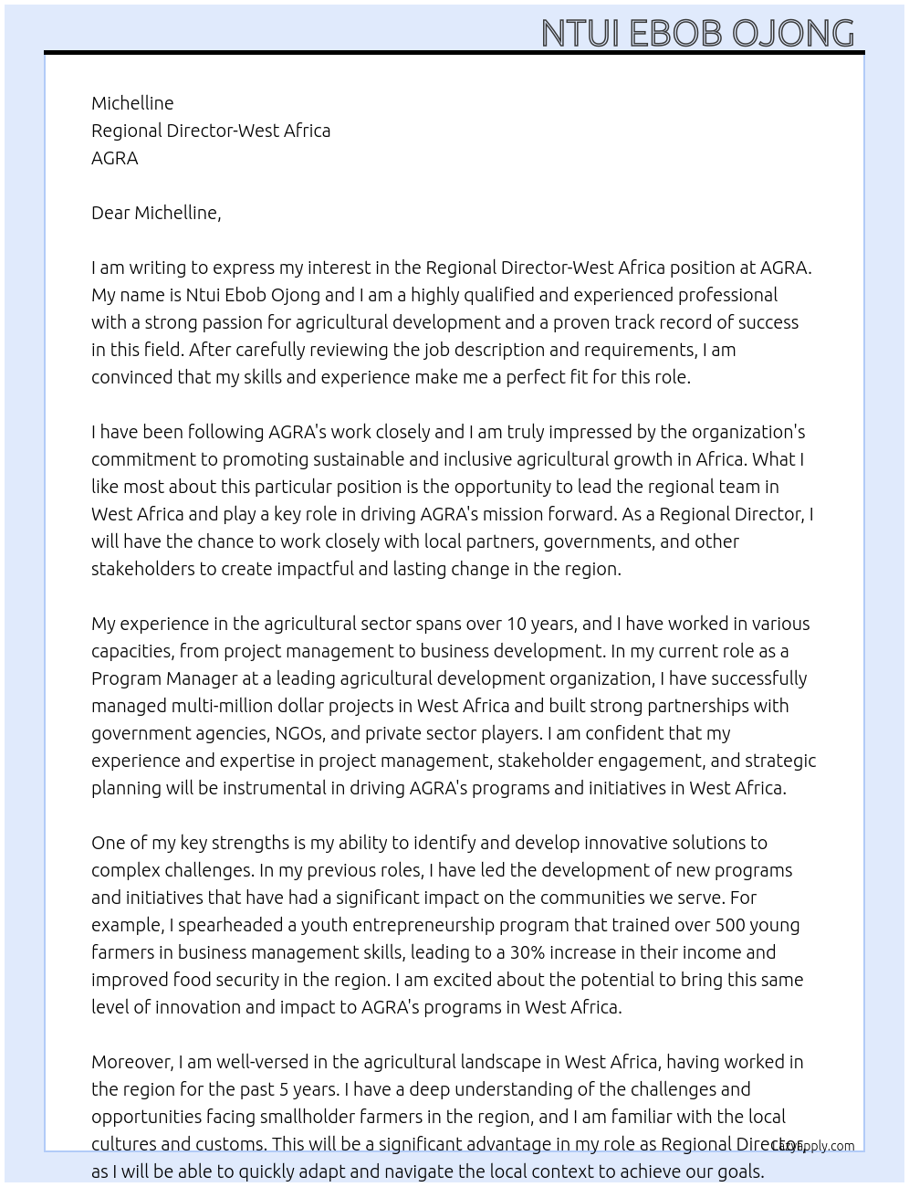 Cover letter for regional director-west africa - LazyApply