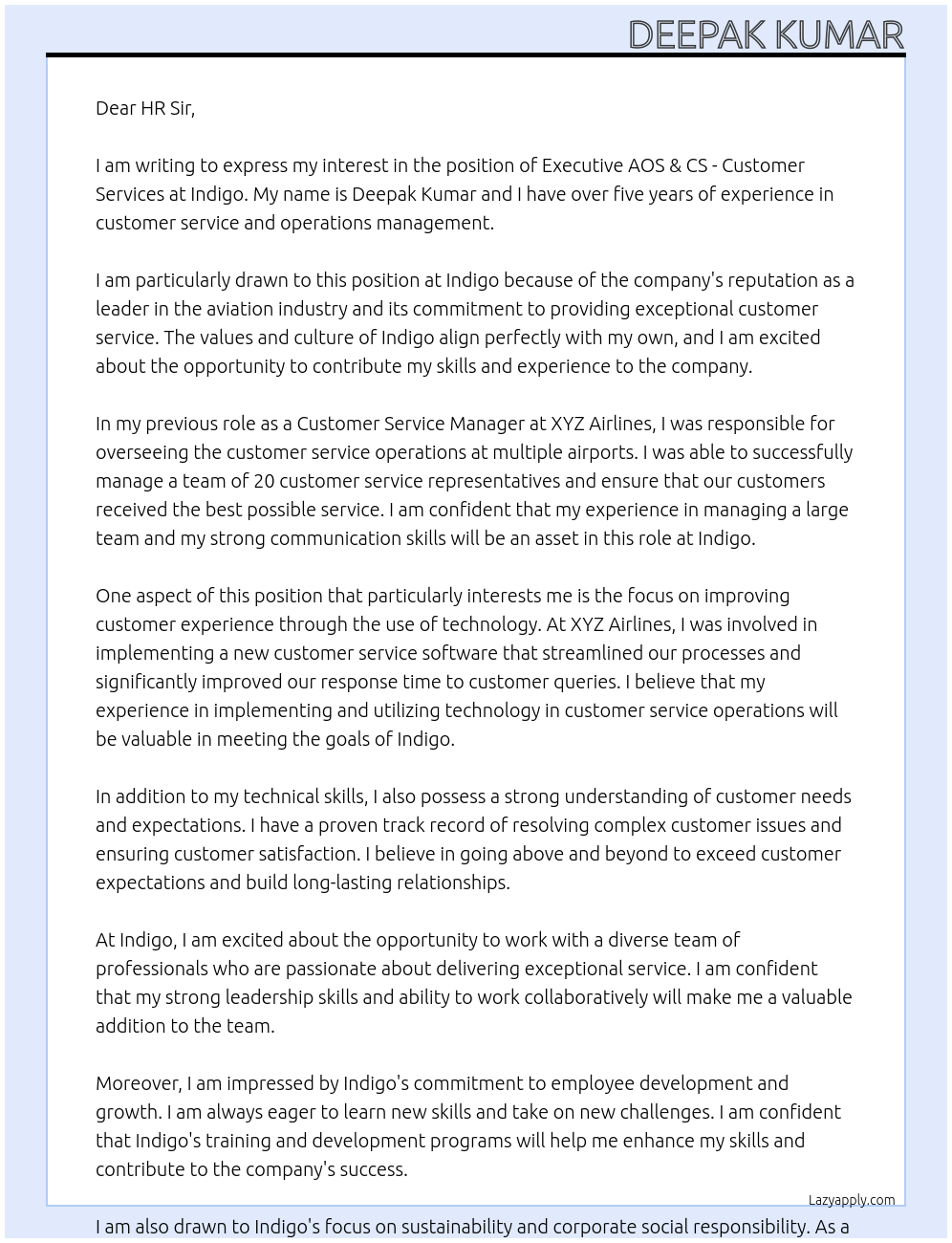 Cover letter for executiv- aos & cs - customer services - LazyApply