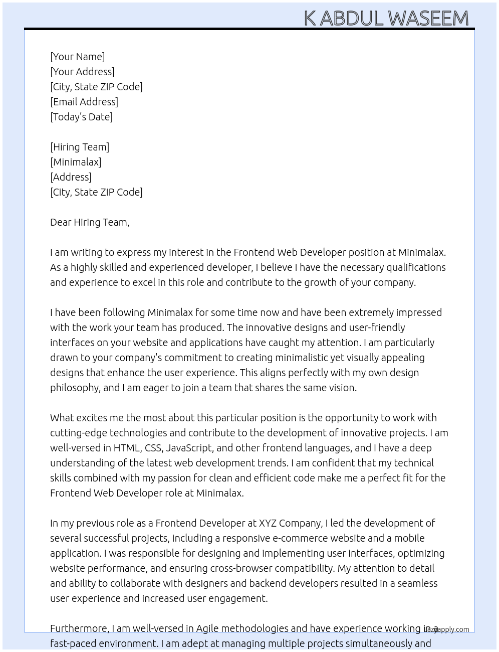 Cover letter for frontend web developer - LazyApply