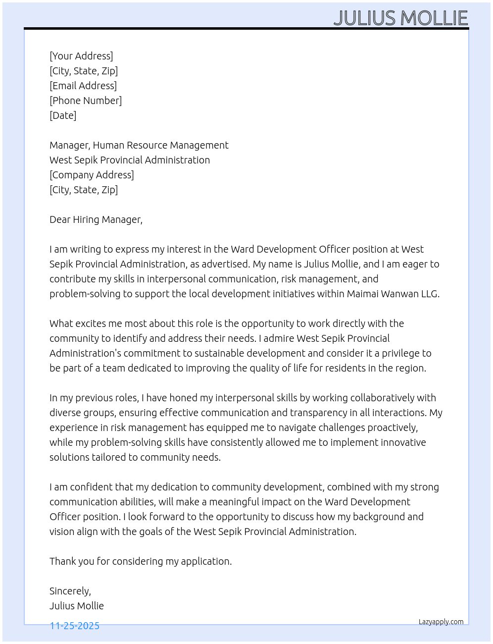 Cover letter for ward development officer - LazyApply