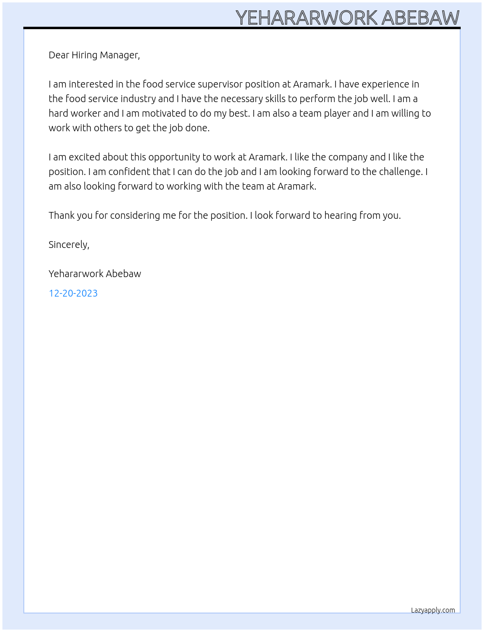 Cover letter for food service supervisor - LazyApply