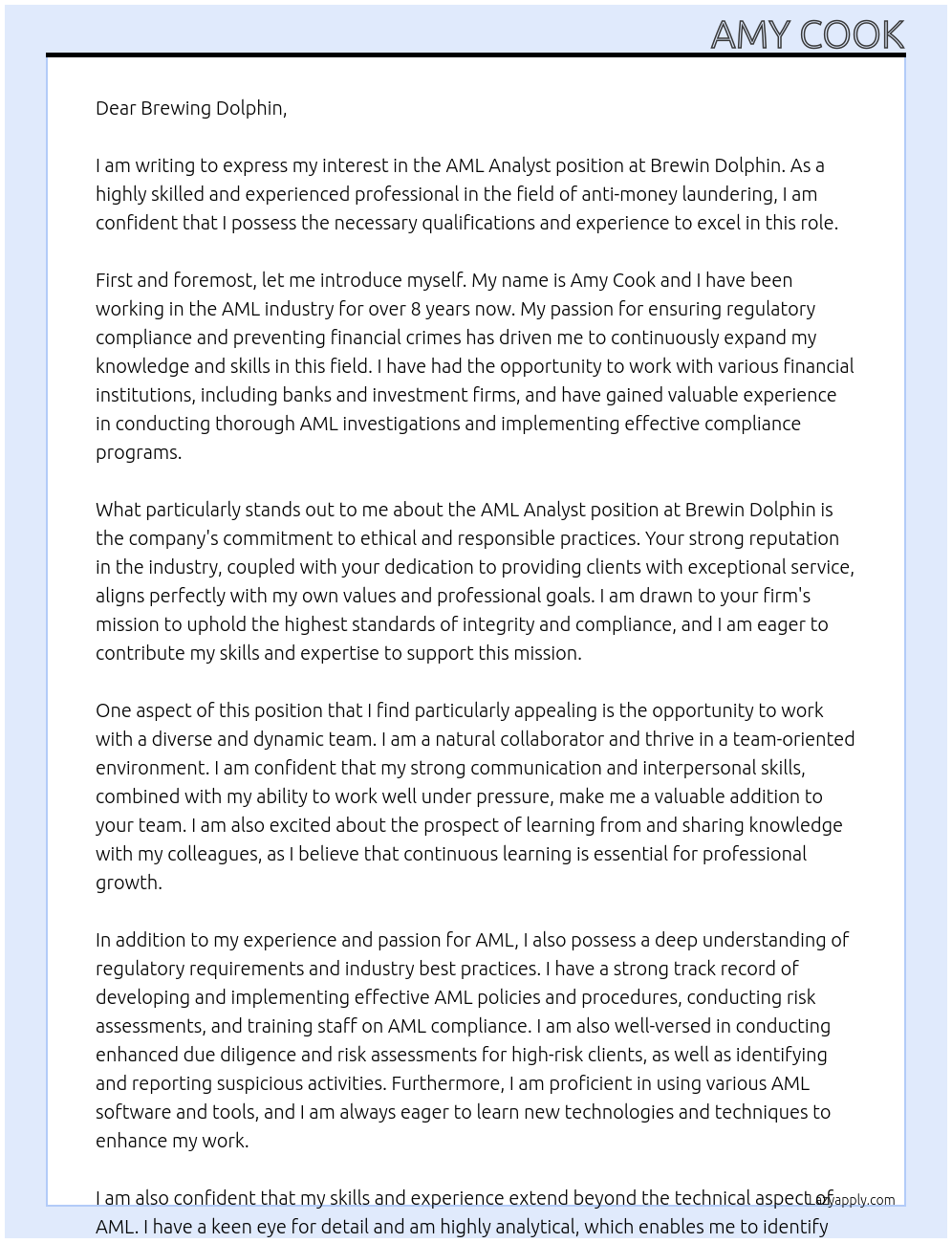 Cover letter for aml analyst - LazyApply