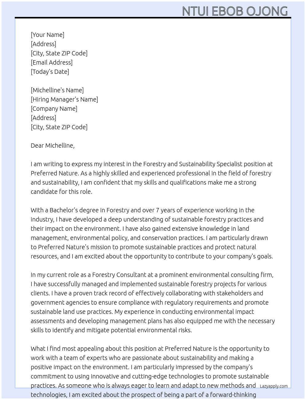 Cover letter for forestry and sustainability specialist - LazyApply