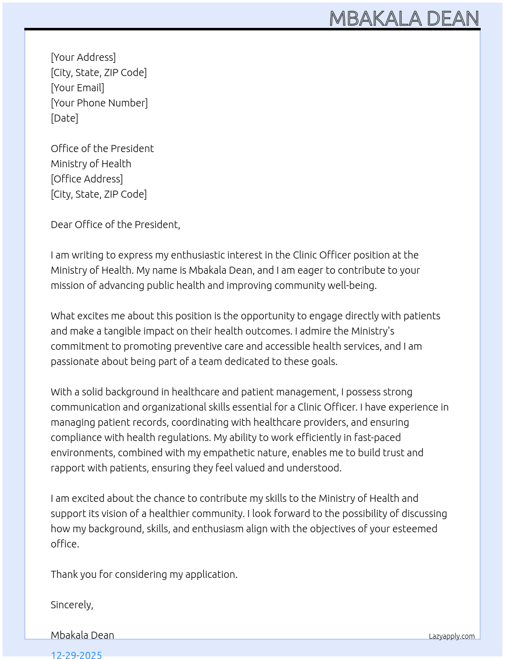 Cover letter for clinic officer - LazyApply