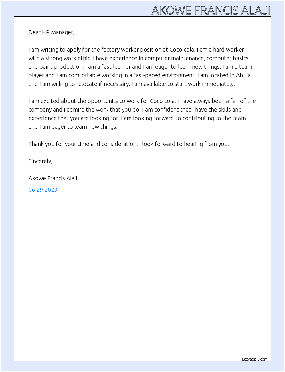 Cover letter for factory worker - LazyApply