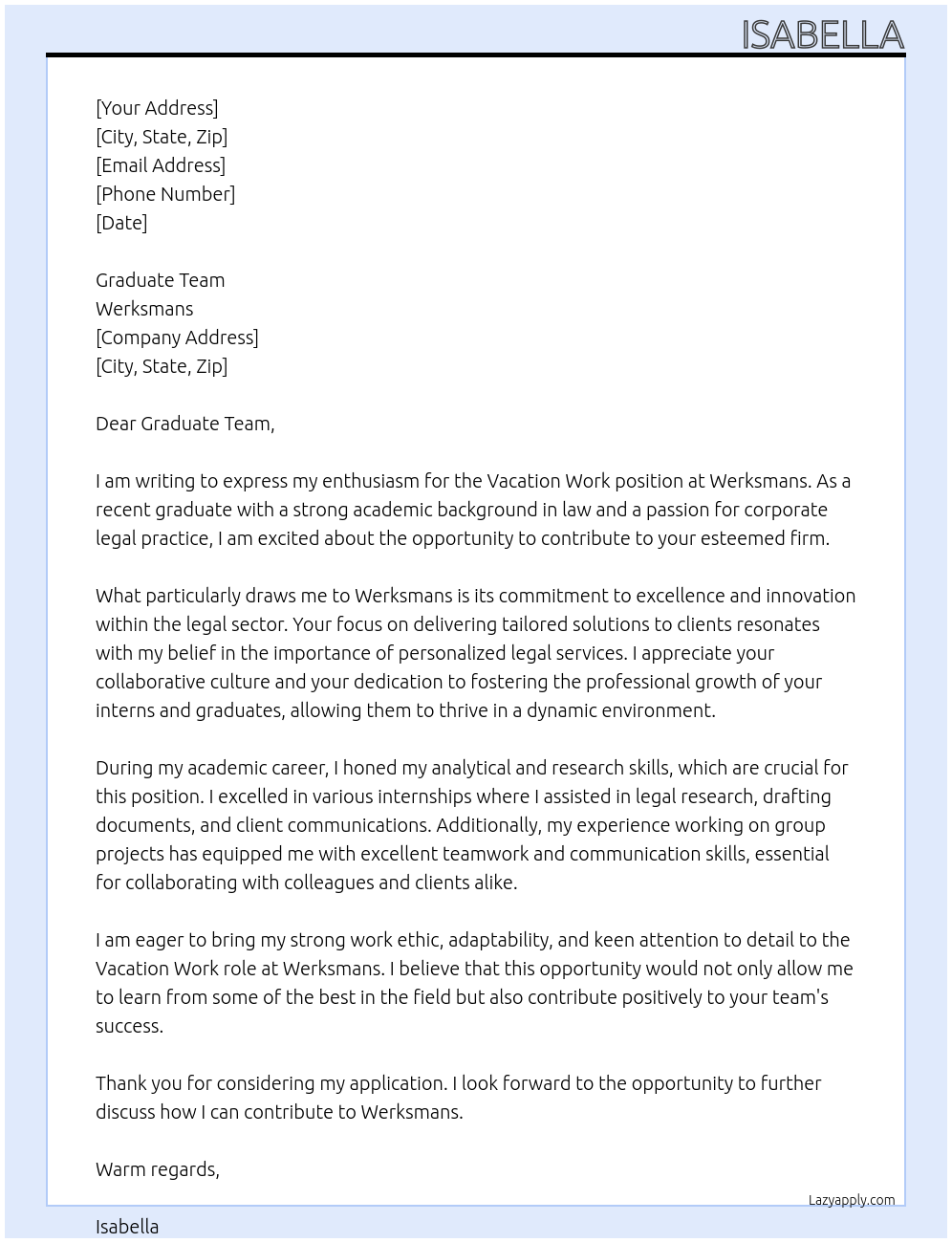 Cover letter for vacation work - LazyApply