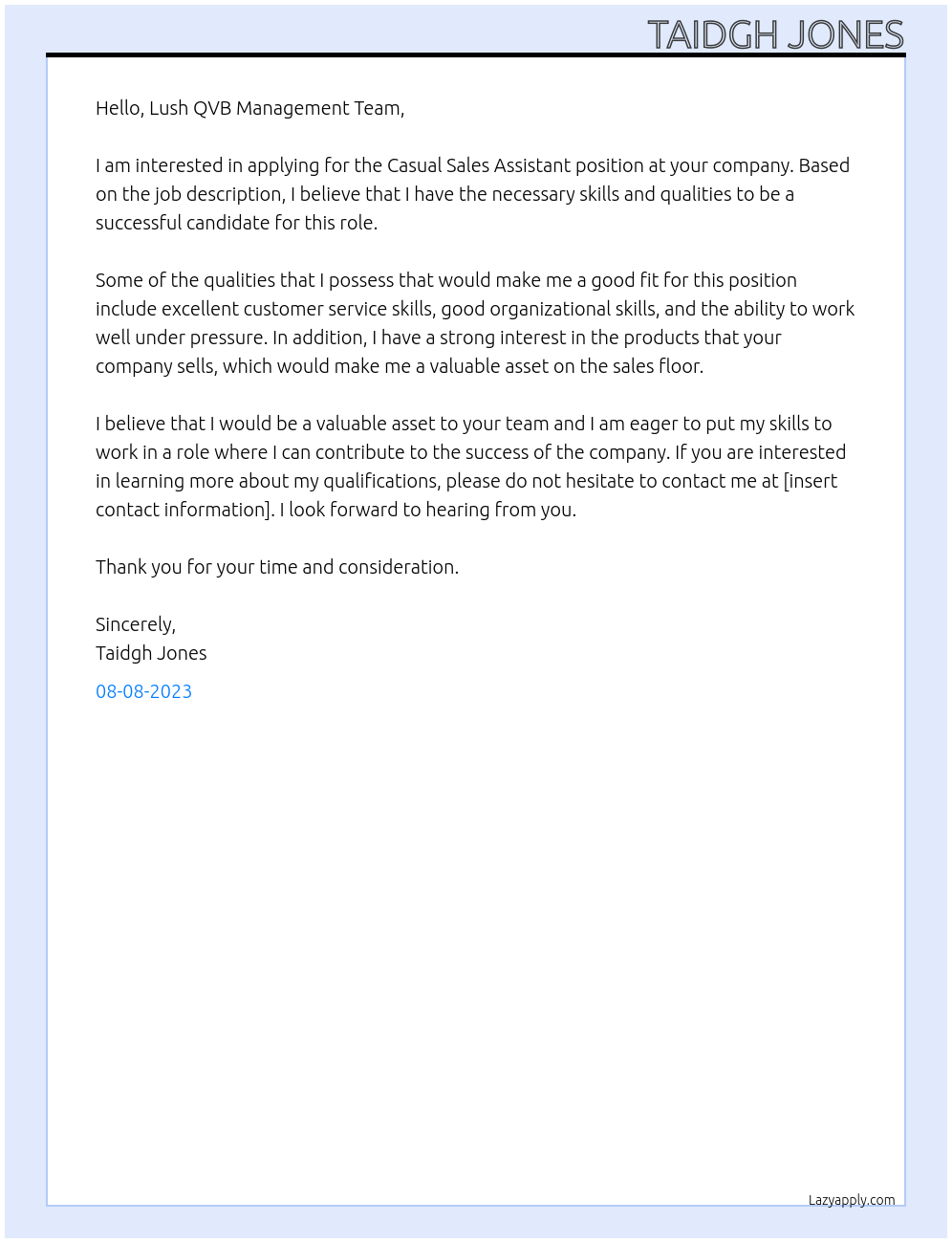 Cover letter for casual sales assistant - LazyApply