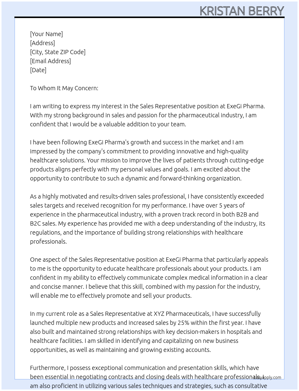 Cover letter for sales representative - LazyApply