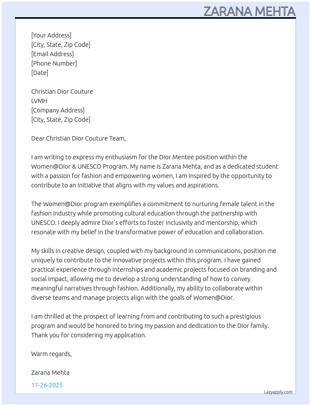 Cover letter for dior mentee at women@dior & unesco program - LazyApply