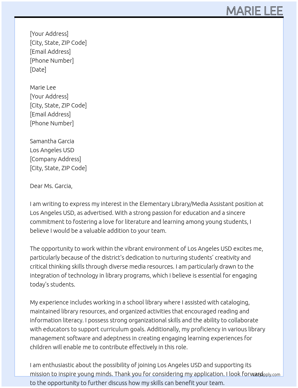 Cover letter for elementary library/media assistant - LazyApply