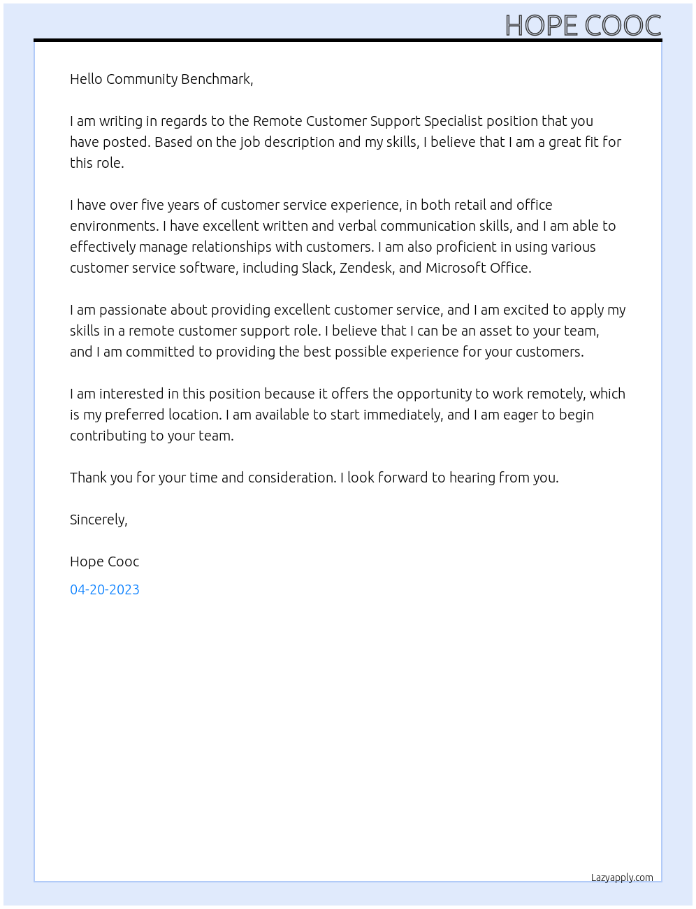 Cover letter for remote customer support specialist - LazyApply