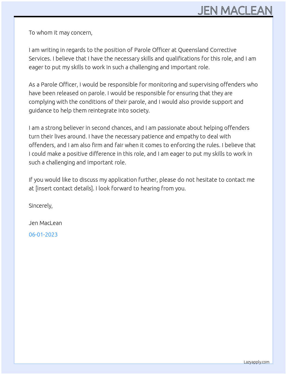 Cover letter for parole officer - LazyApply