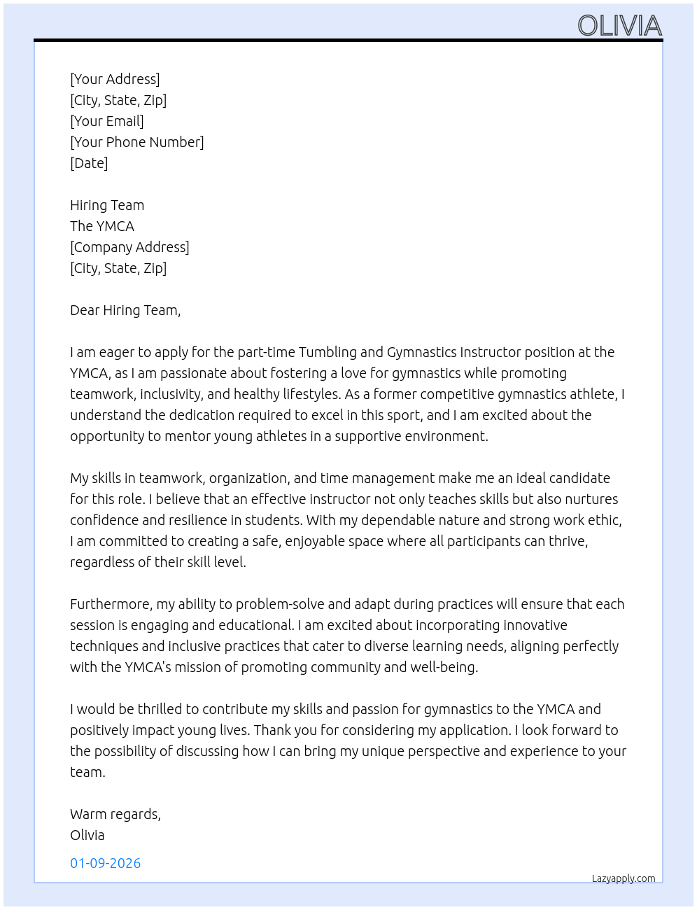 Cover letter for tumbling and gymnastics instructor - LazyApply