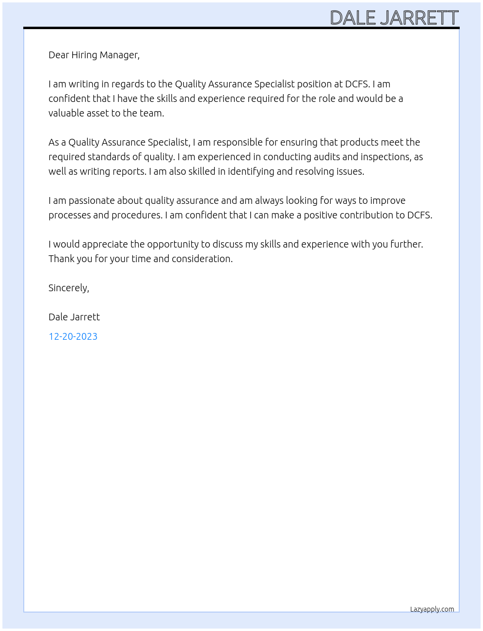 Cover letter for quality assurance specialist - LazyApply