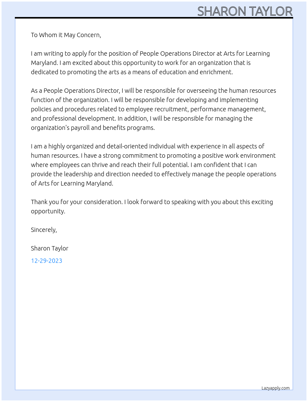Cover letter for people operations director - LazyApply