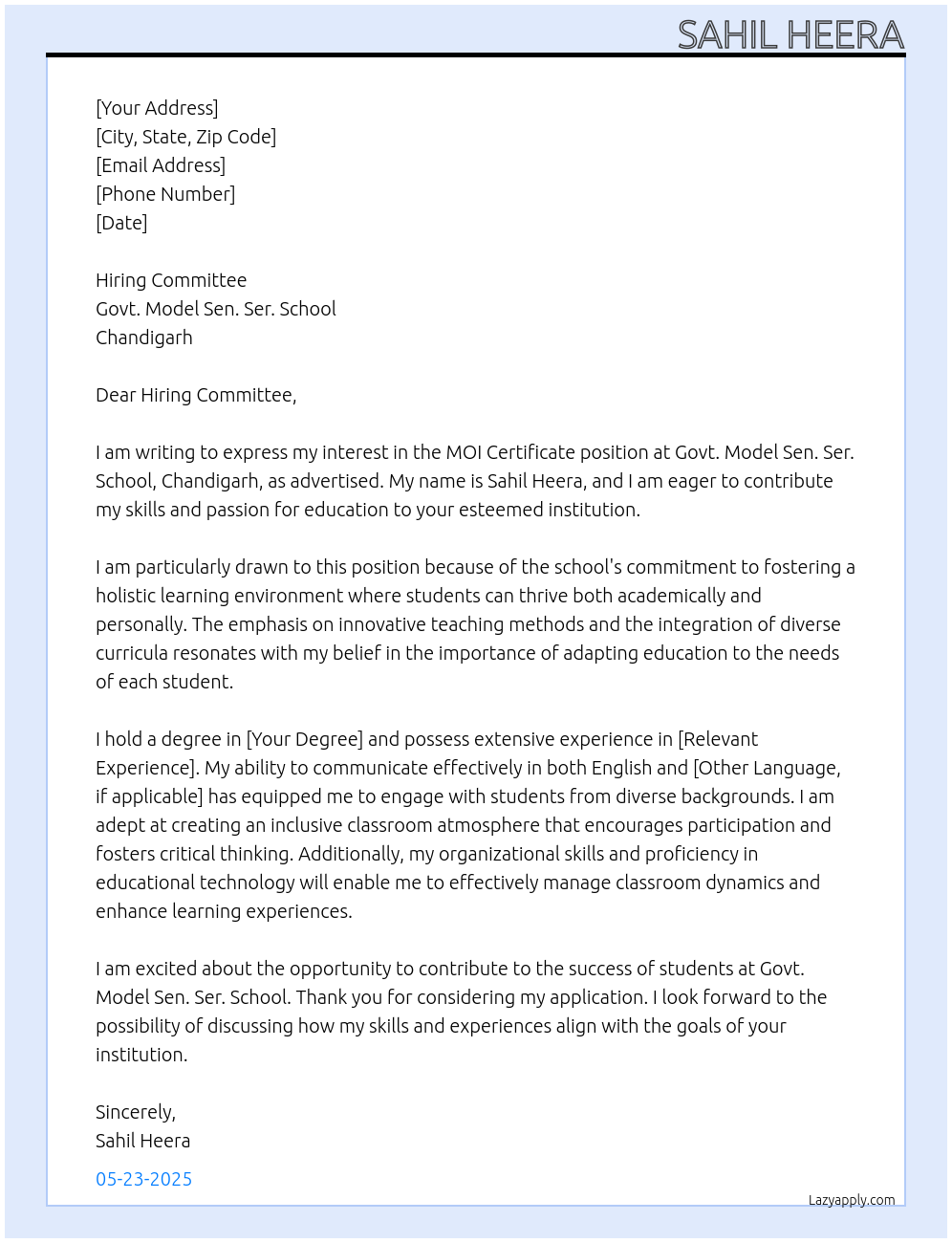 Cover letter for moi certificate - LazyApply