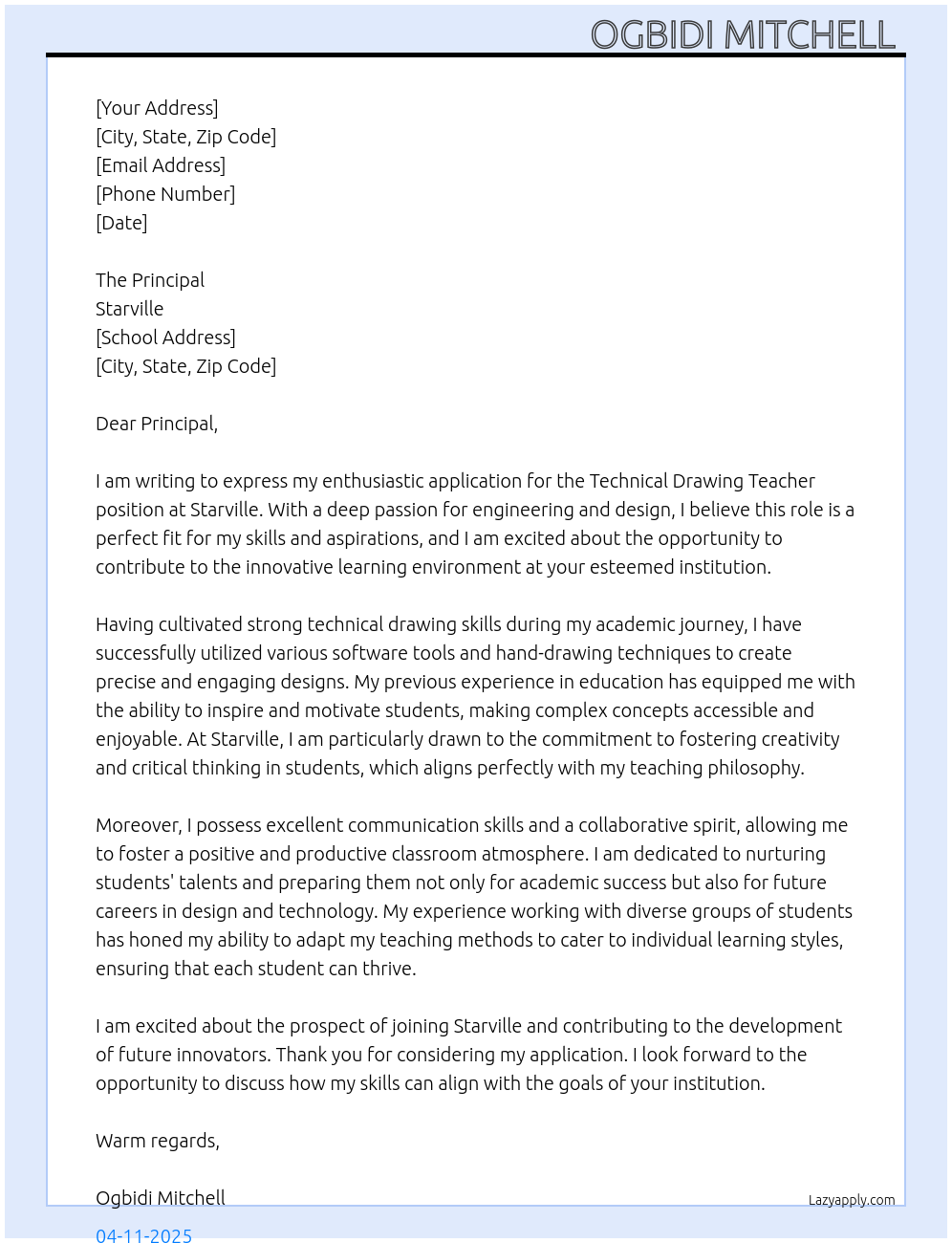 Cover letter for technical drawing teacher - LazyApply