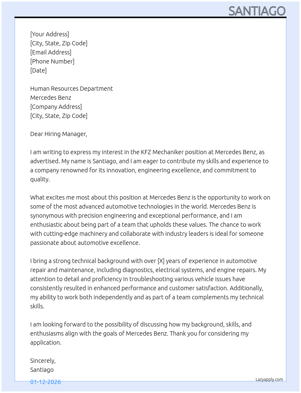 Cover letter for kfz mechaniker - LazyApply