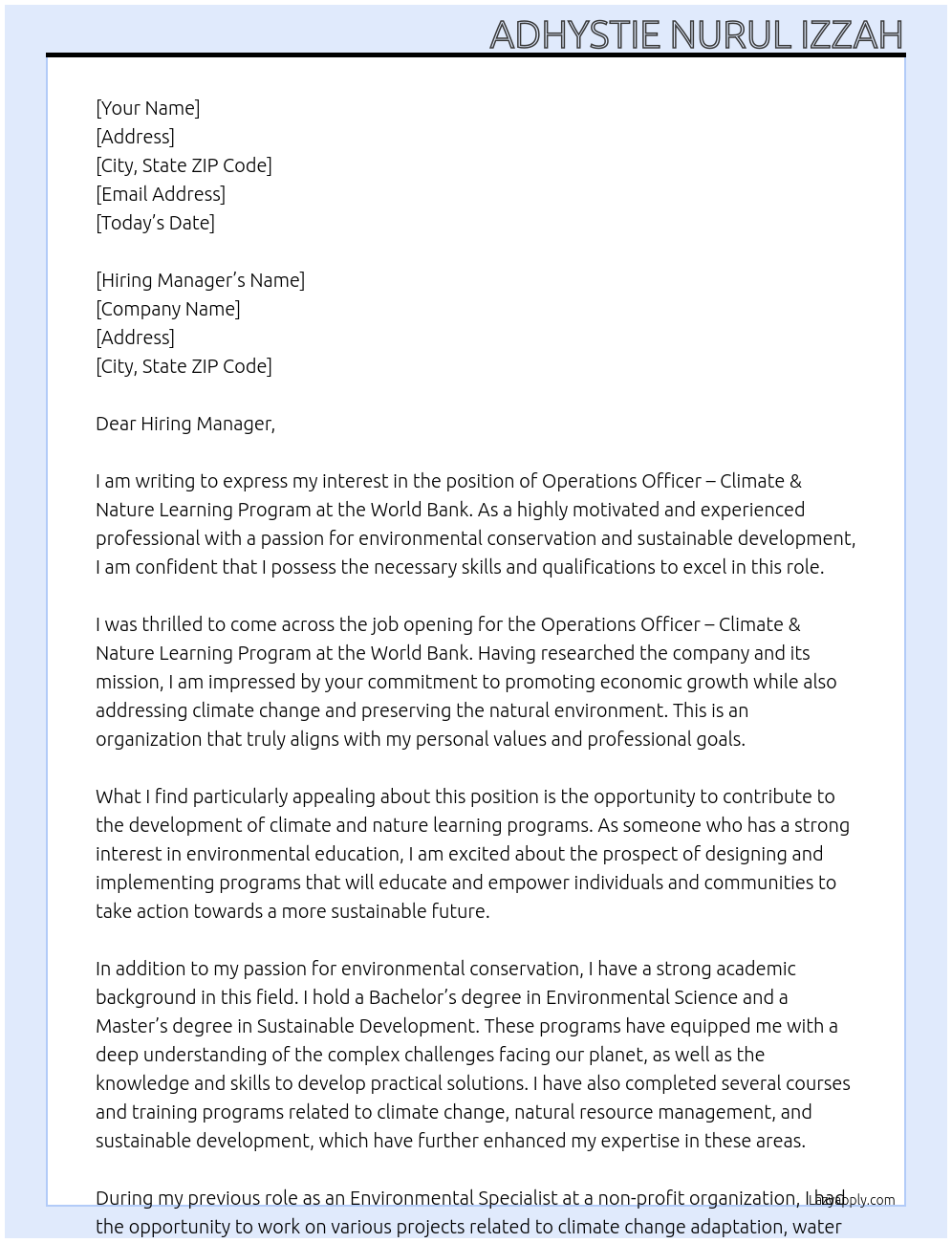 Cover letter for world bank - LazyApply