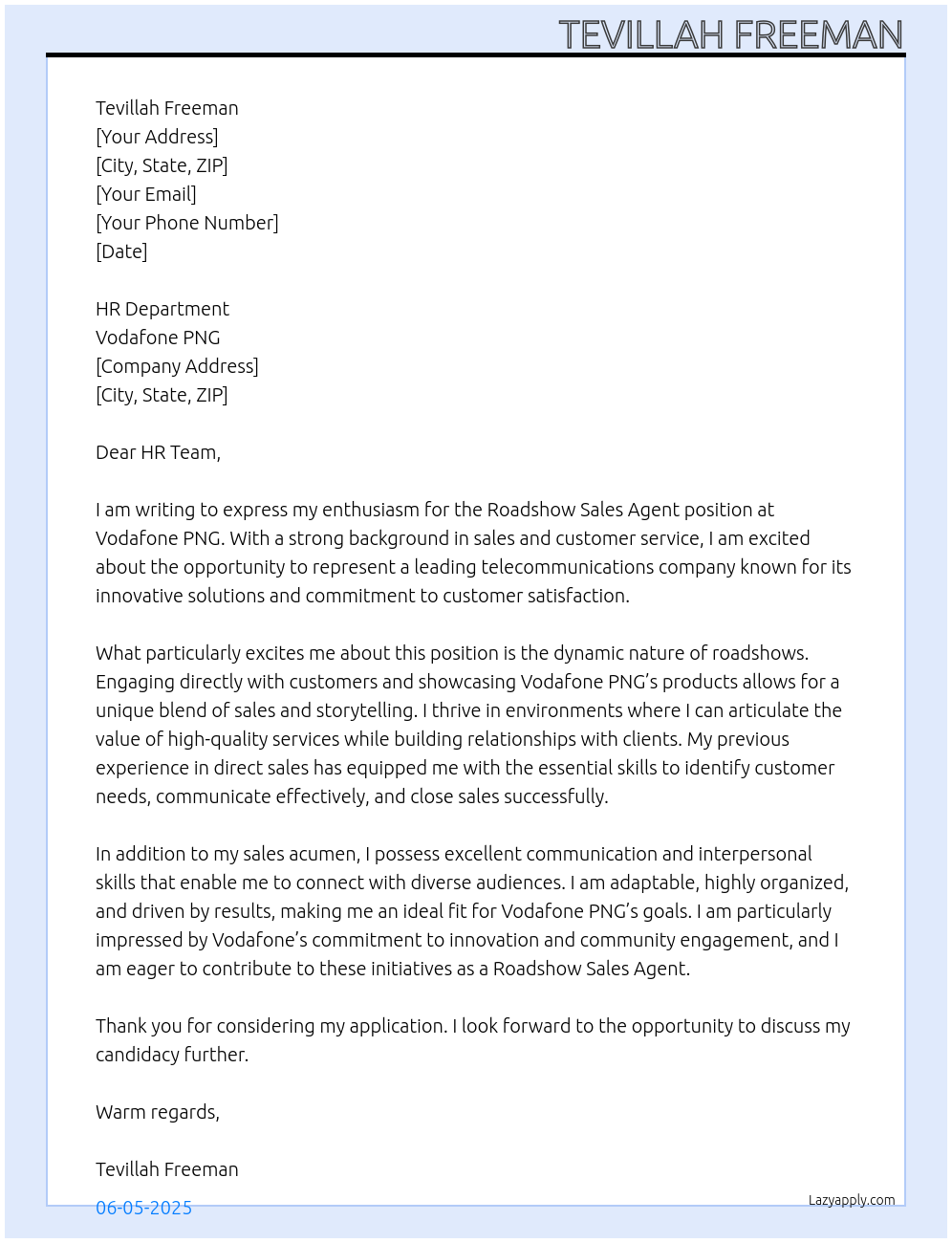 Cover letter for roadshow sales agent - LazyApply