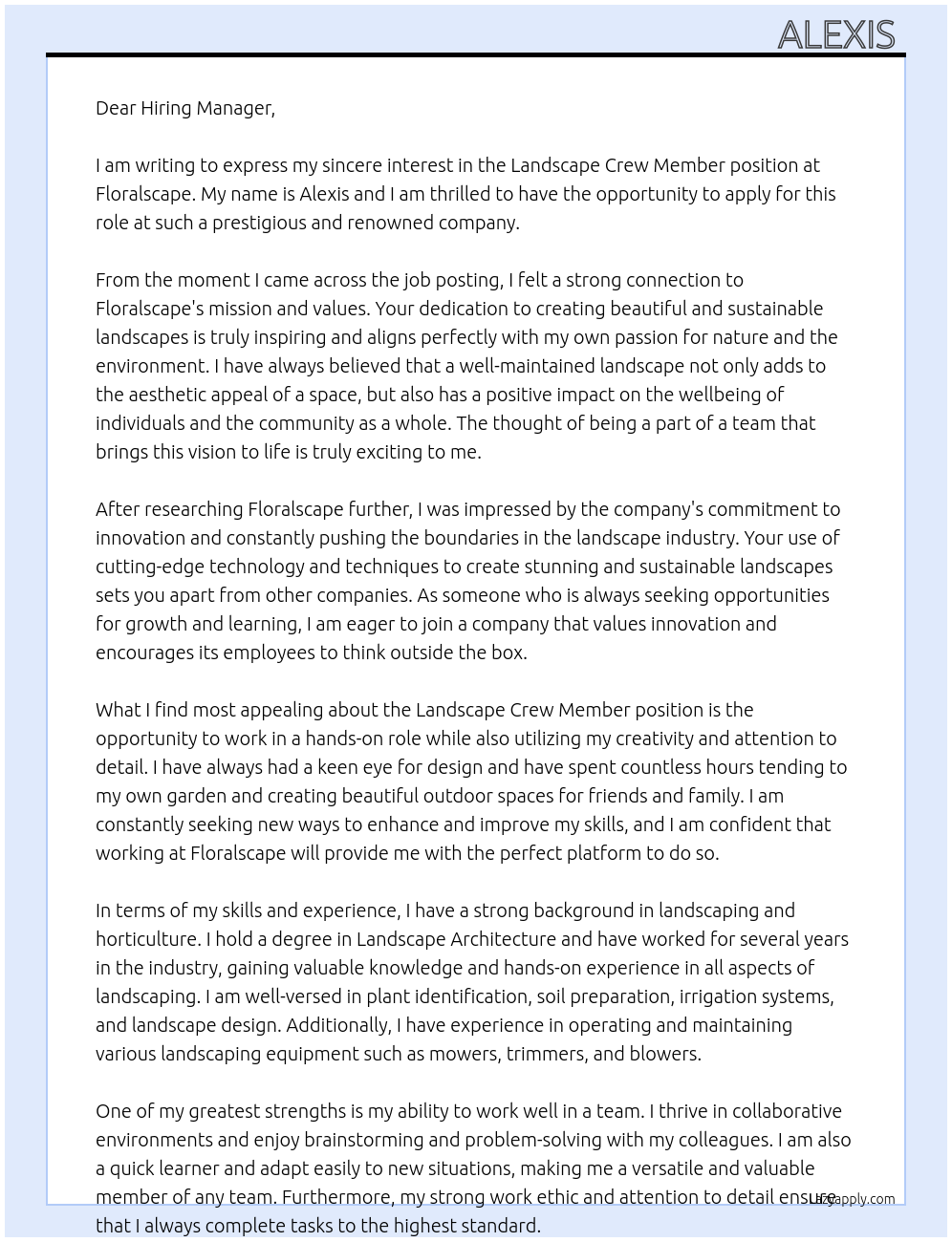 Cover letter for landscape crew member - LazyApply