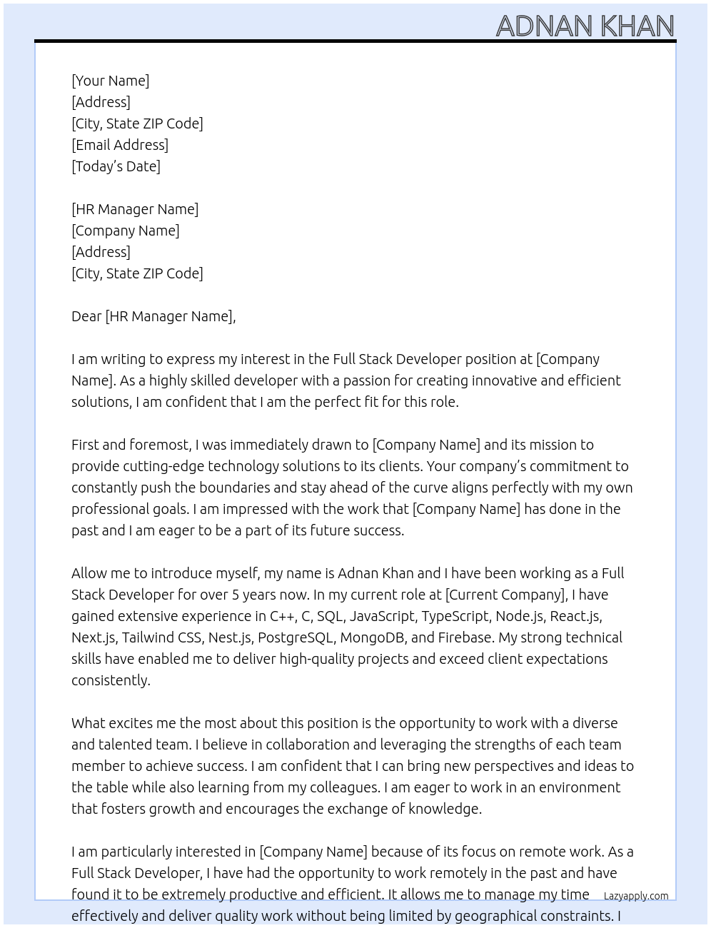 Cover letter for full stack developer - LazyApply