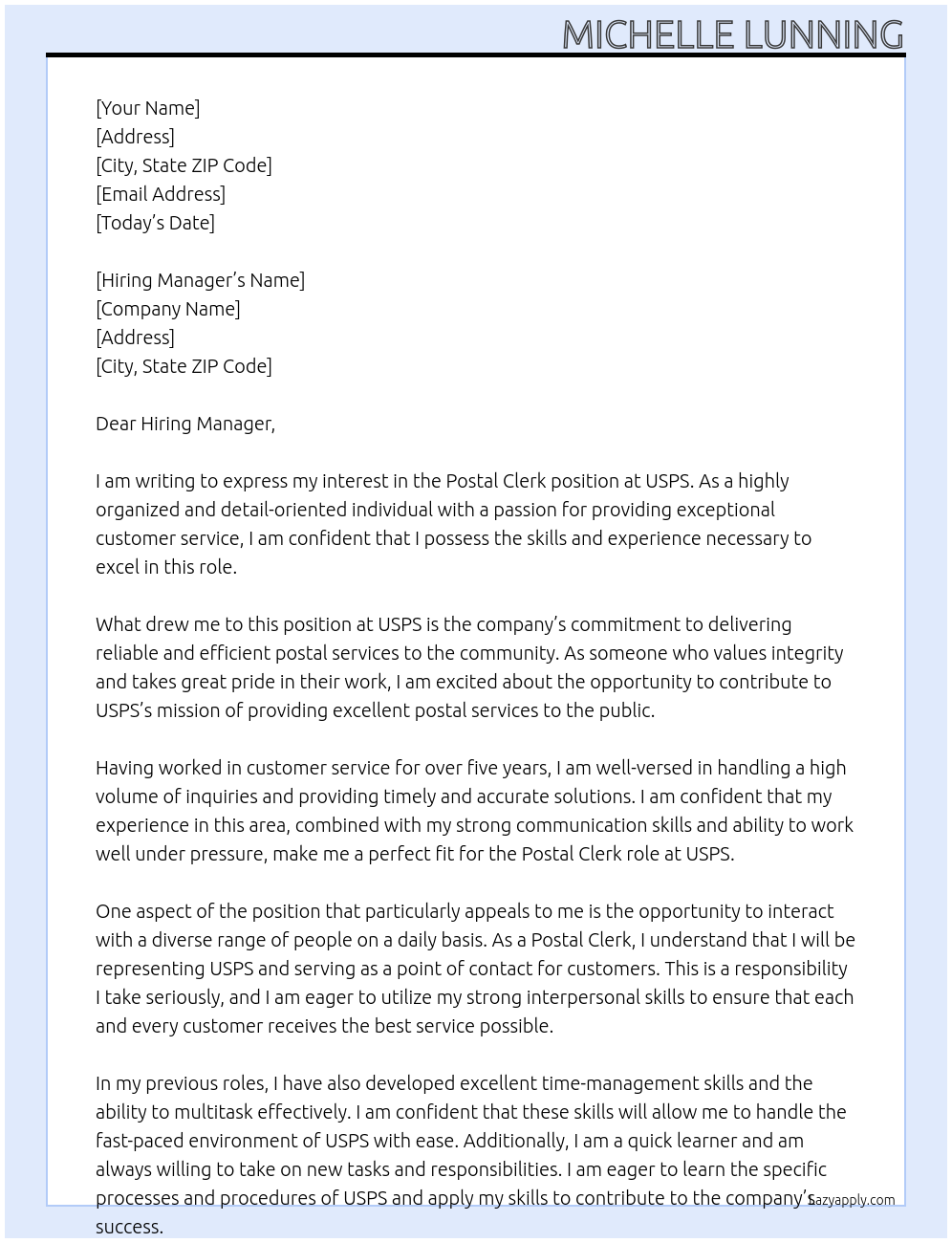 Cover letter for postal clerk - LazyApply