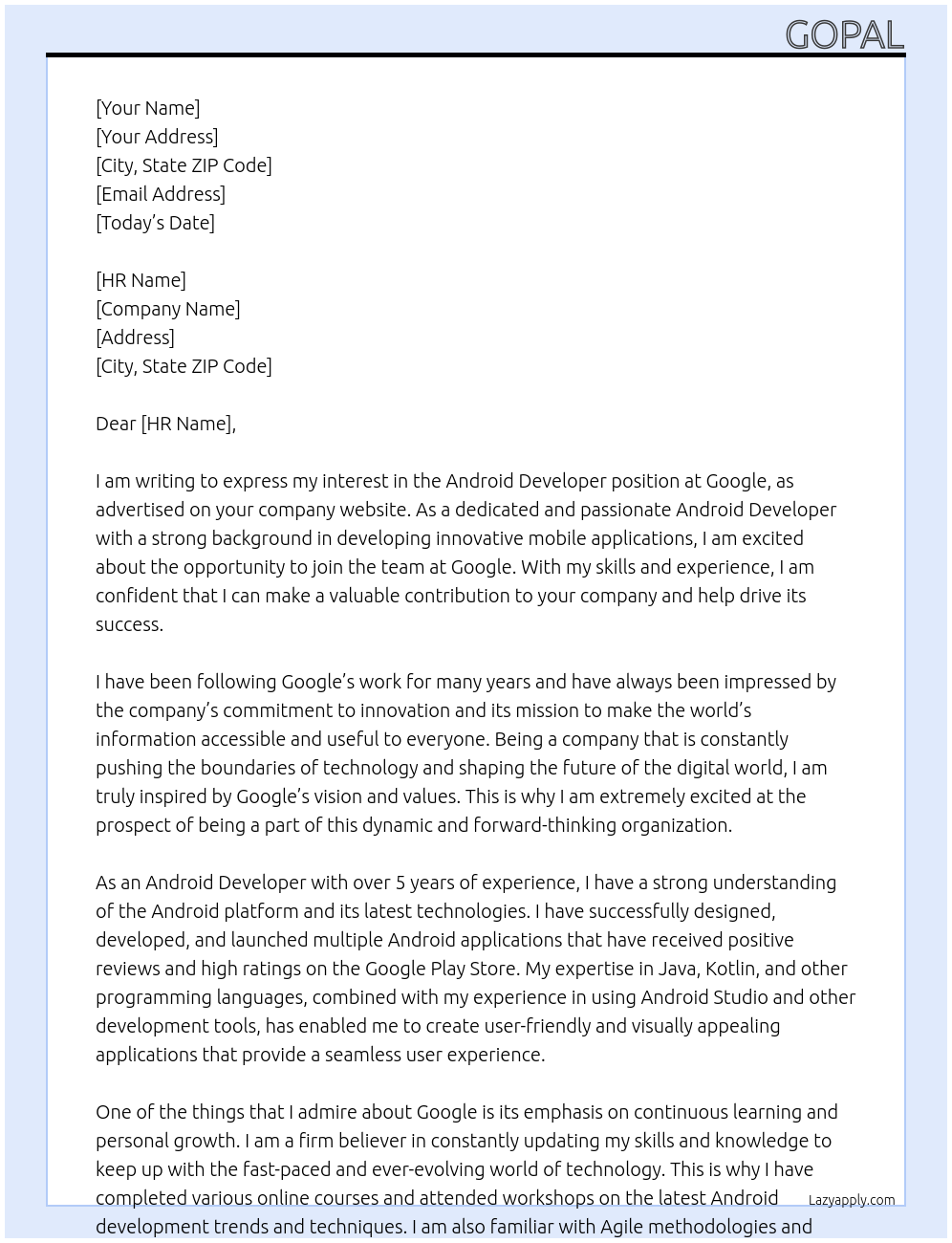 Cover letter for google - LazyApply