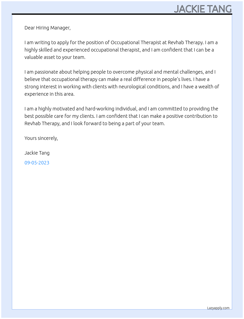 Cover letter for occupational therapist - LazyApply