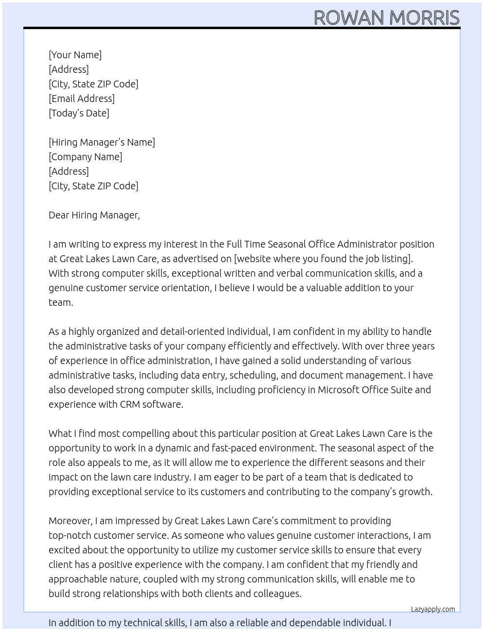 Cover letter for full time seasonal office administrator - LazyApply