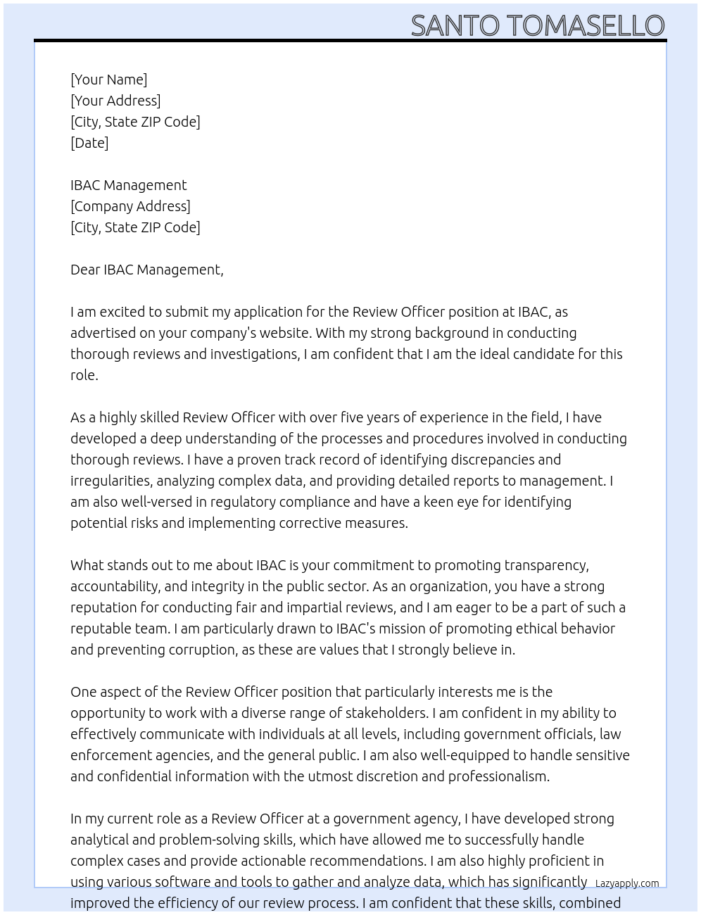 Cover letter for review officer - LazyApply