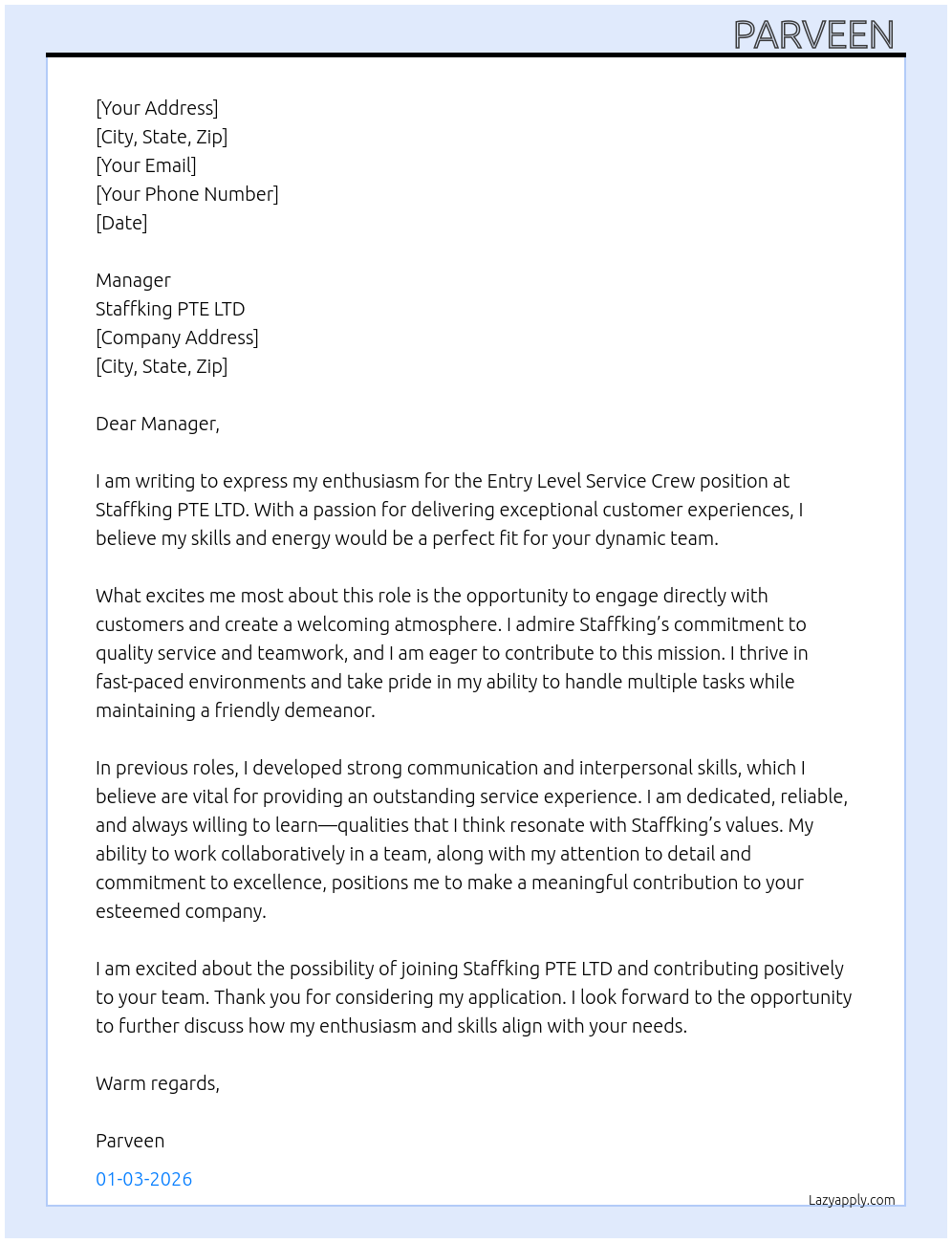 Cover letter for [entry level] service crew stall /stall crew - LazyApply