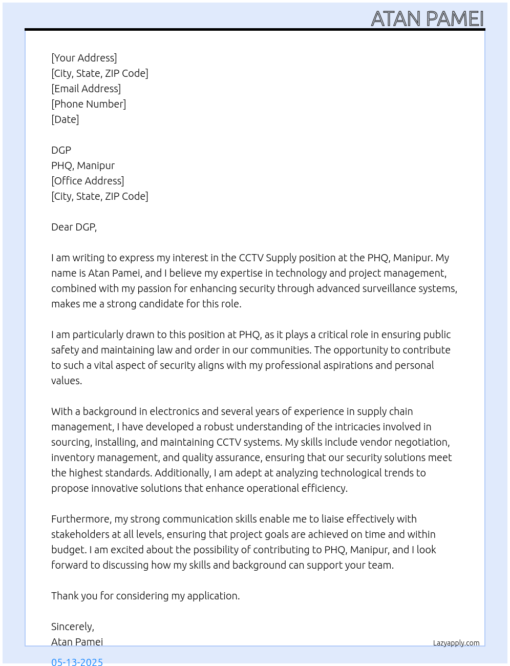 Cover letter for cctv supply - LazyApply