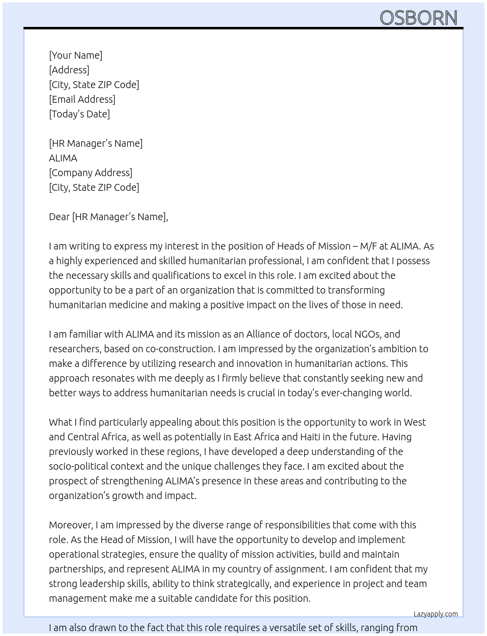 Cover letter for heads of mission - m/f - LazyApply