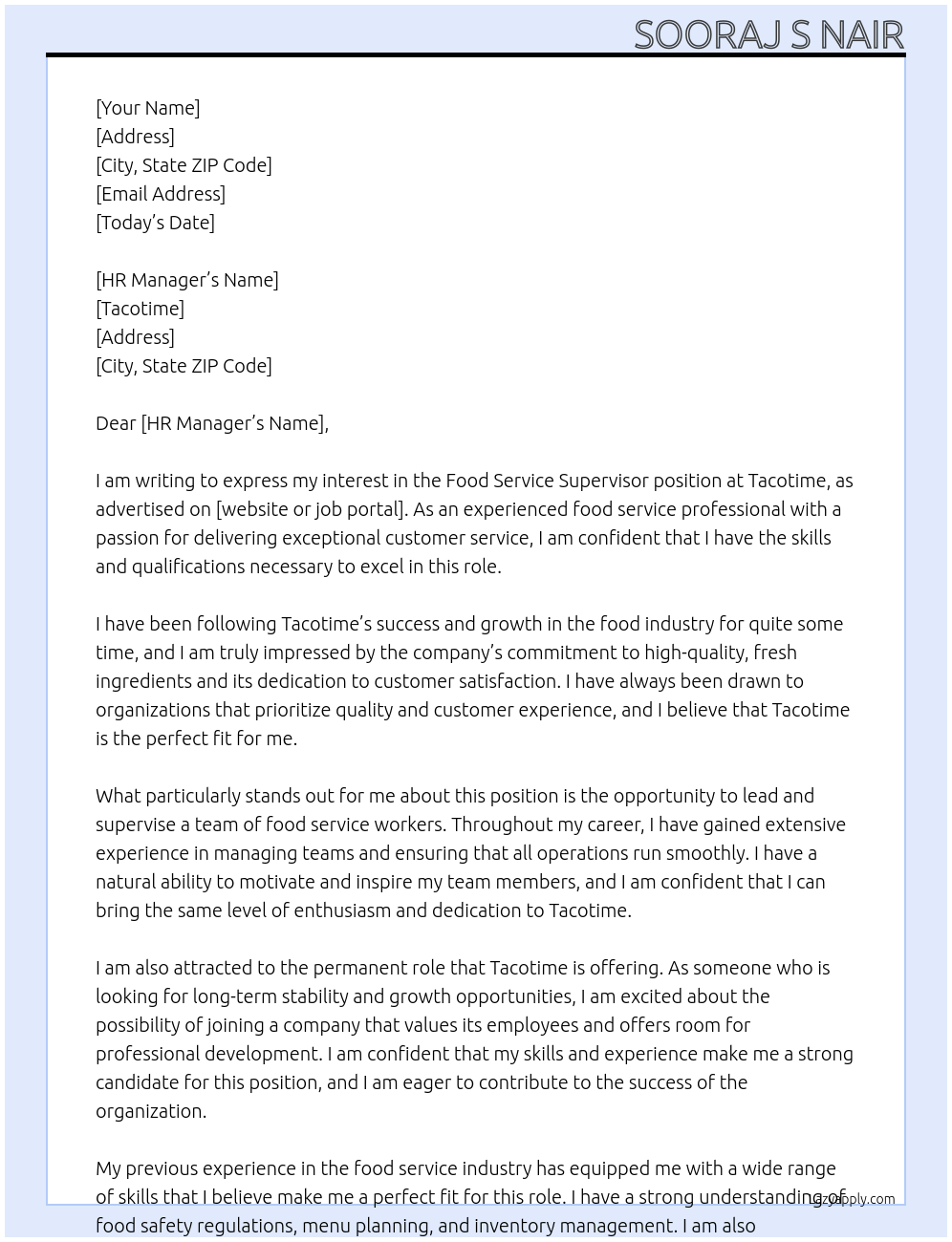 Cover letter for food service supervisor - LazyApply
