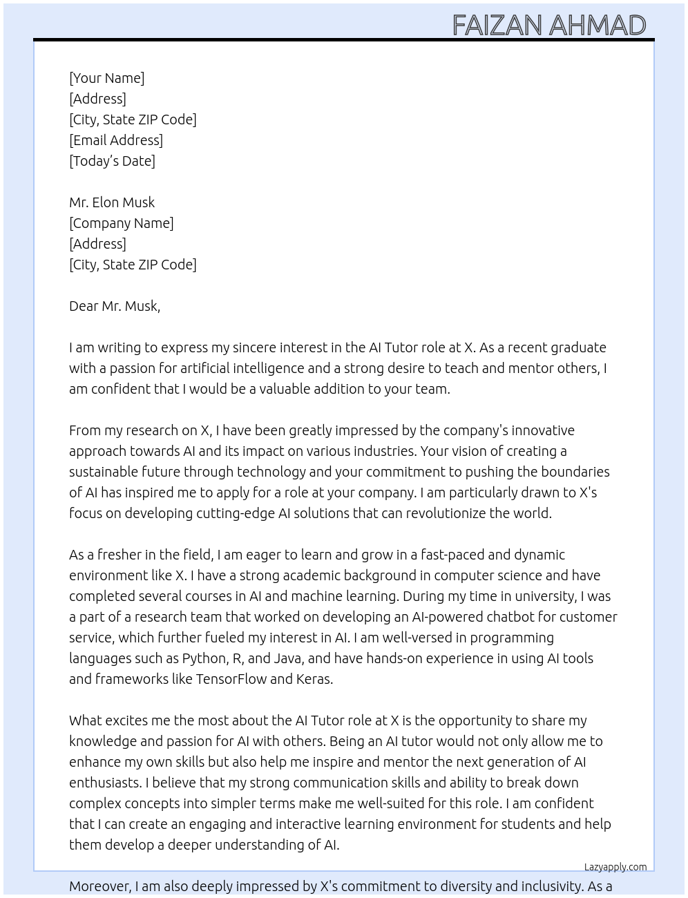 Cover letter for ai tutor - LazyApply