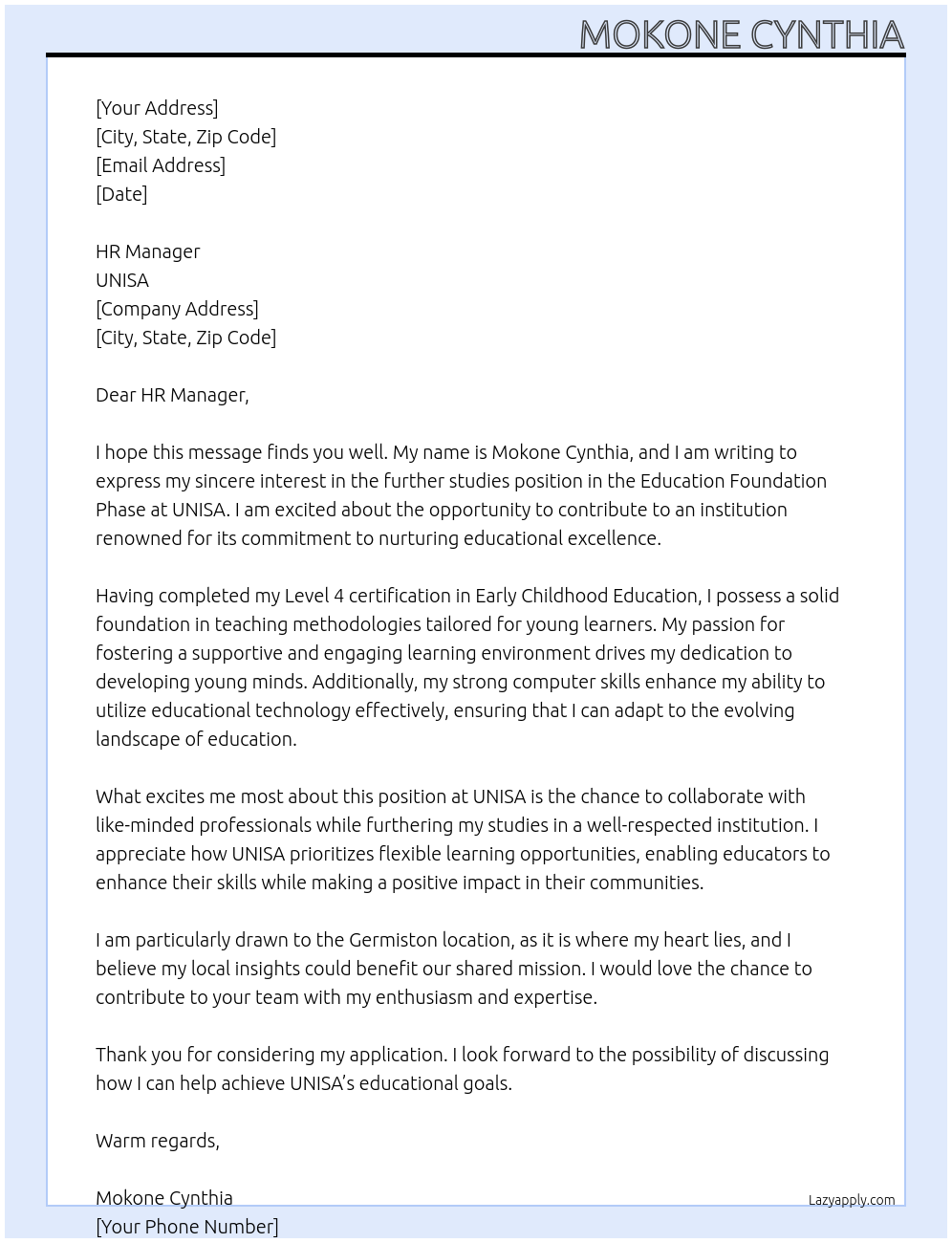 Cover letter for further studies in education foundation phase - LazyApply