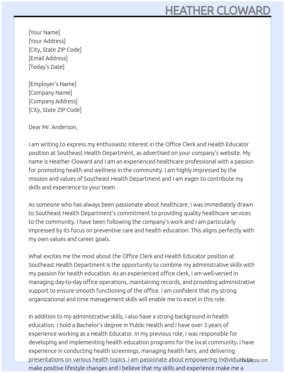 Cover letter for office clerk and health educator - LazyApply