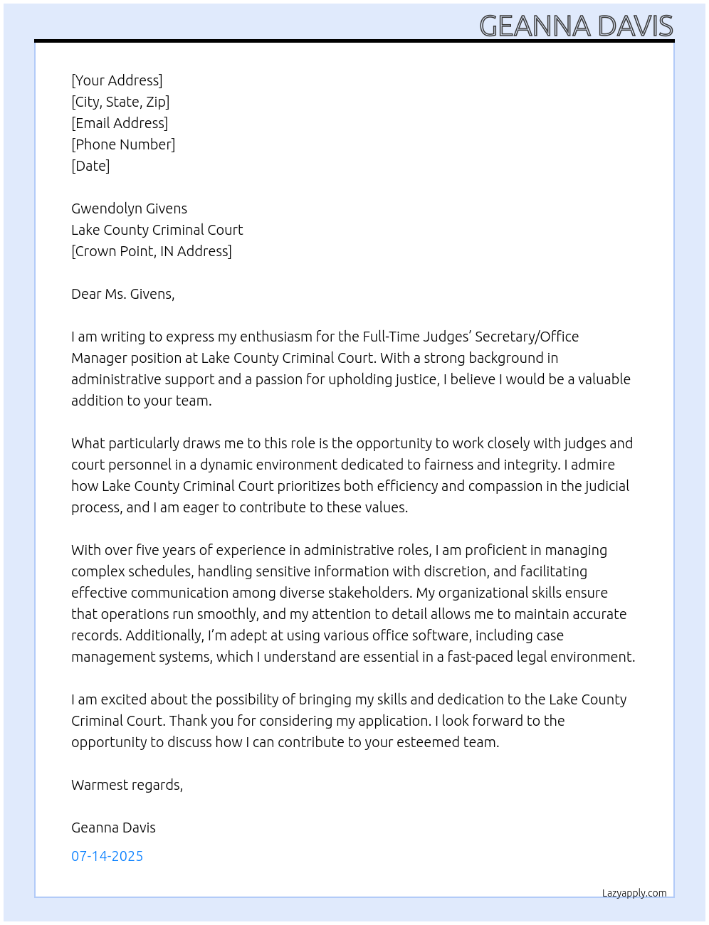 Cover letter for full-time judges’ secretary/office manager - LazyApply