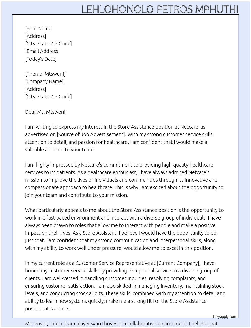 Cover letter for store assistance - LazyApply