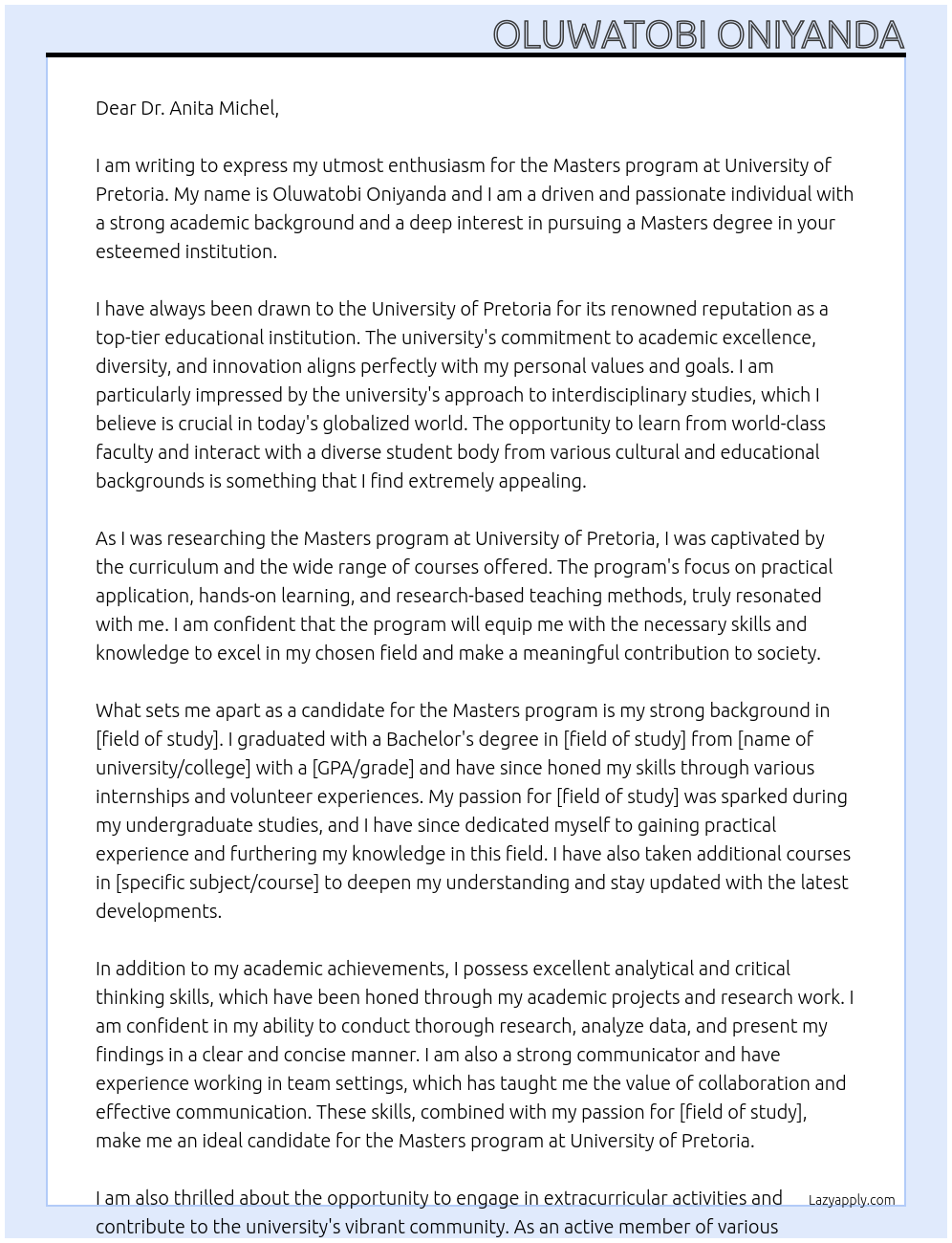Cover letter for masters program - LazyApply