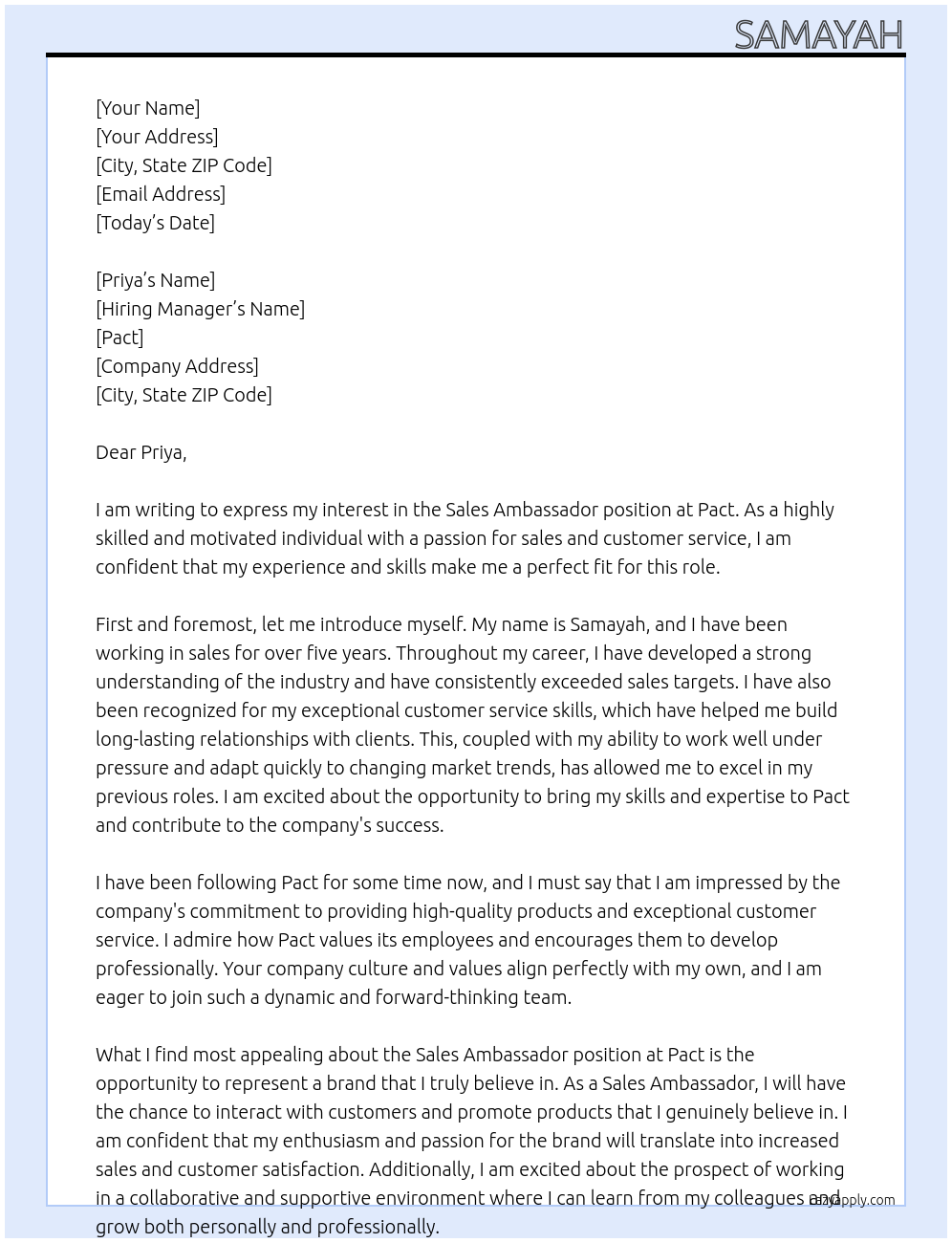 Cover letter for sales ambassador - LazyApply