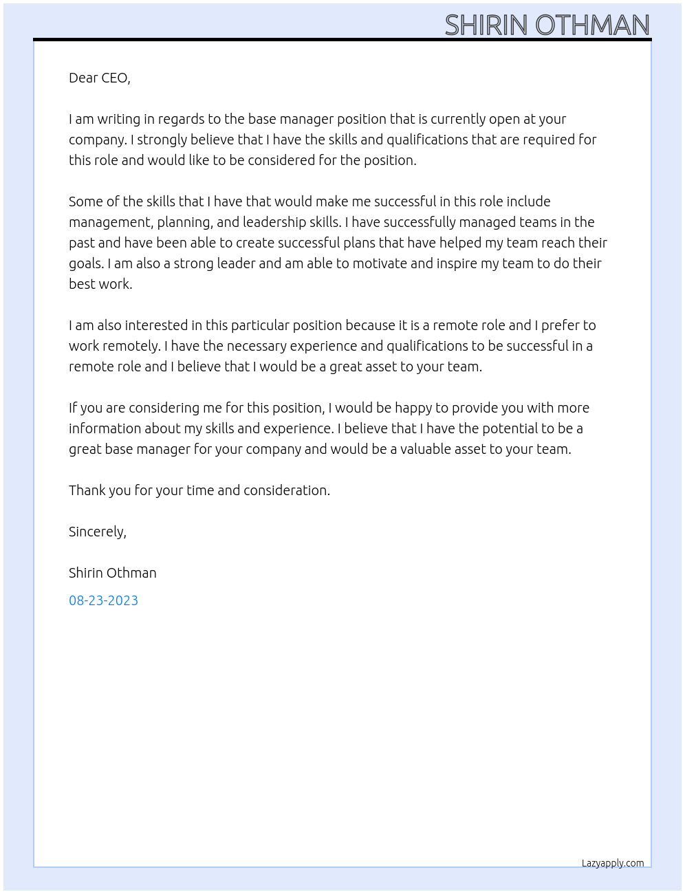 Cover letter for base manager - LazyApply