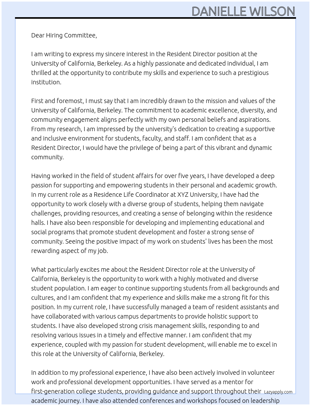 Cover letter for resident director - LazyApply