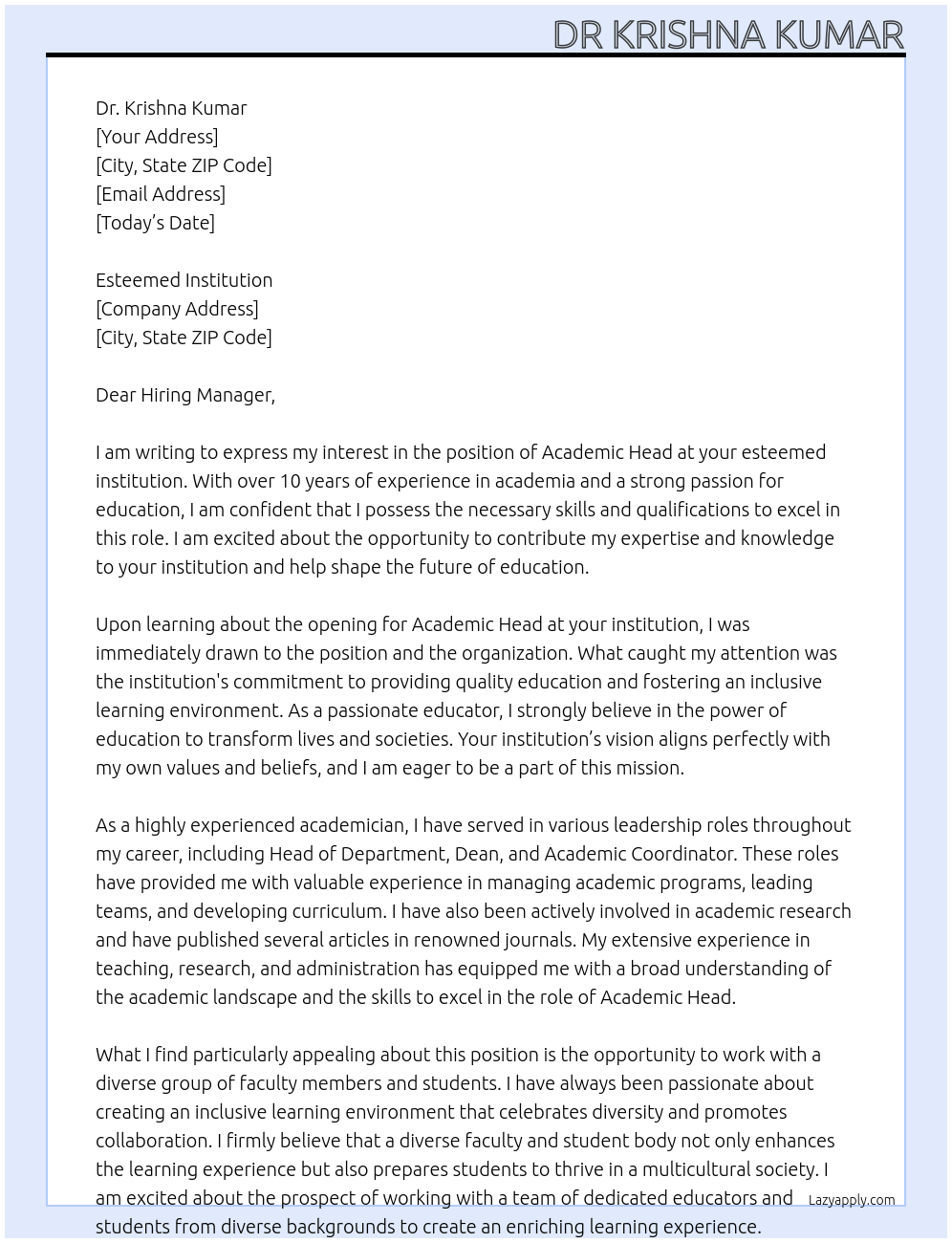 Cover letter for academic head - LazyApply